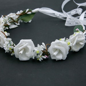 White Rose Flower Crown With Ribbon and Lace Ties, Boho Wedding Halo - Etsy