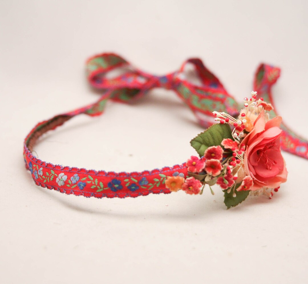 Boho Flower Crown of Red Floral Vintage Ribbon and Vintage Flowers ...