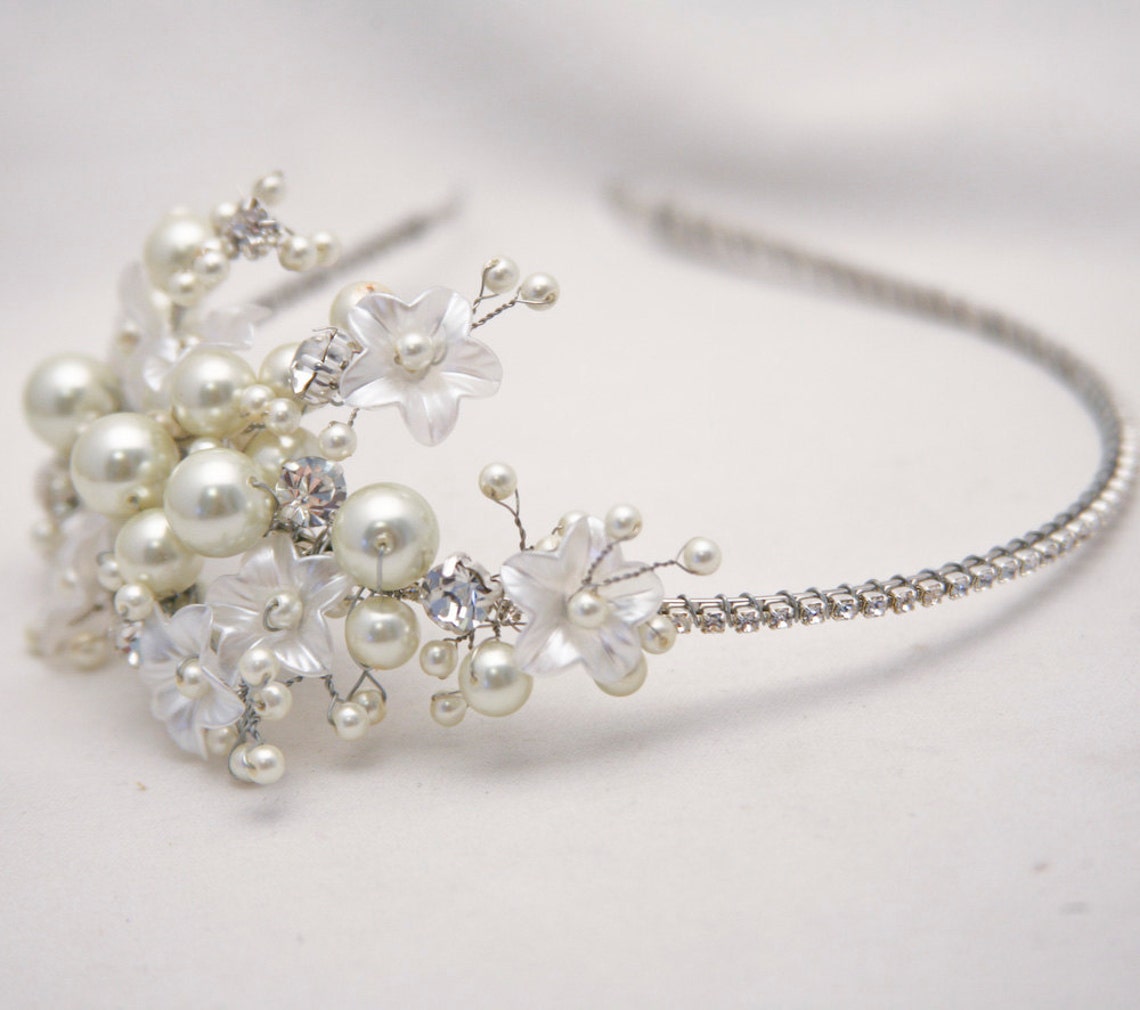 Rhinestone Wedding Tiara With Wired Flowers and Pearls, Wedding ...