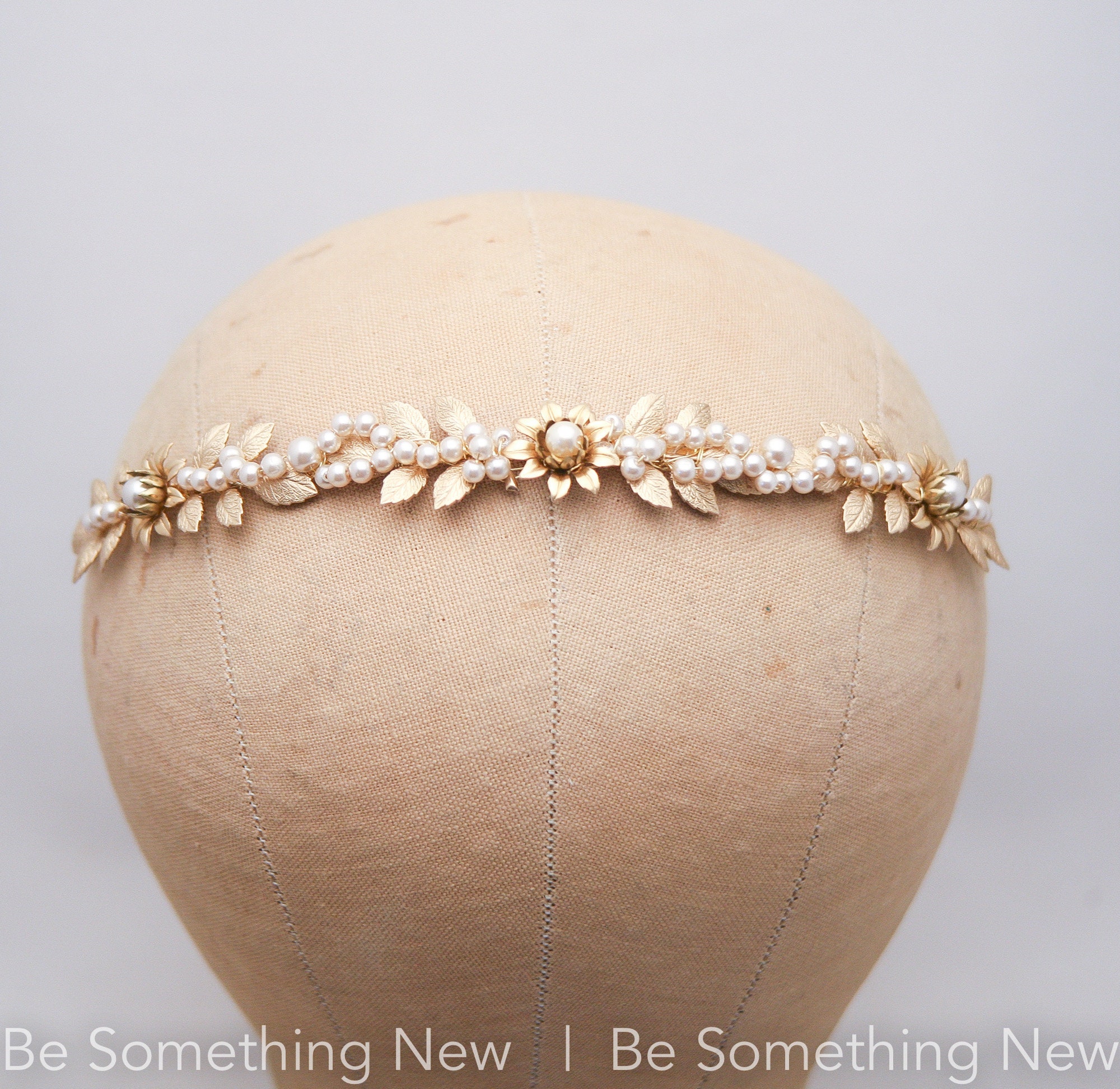 Gold Metal Flower and Leaf Headband With Champagne Pearls | Etsy