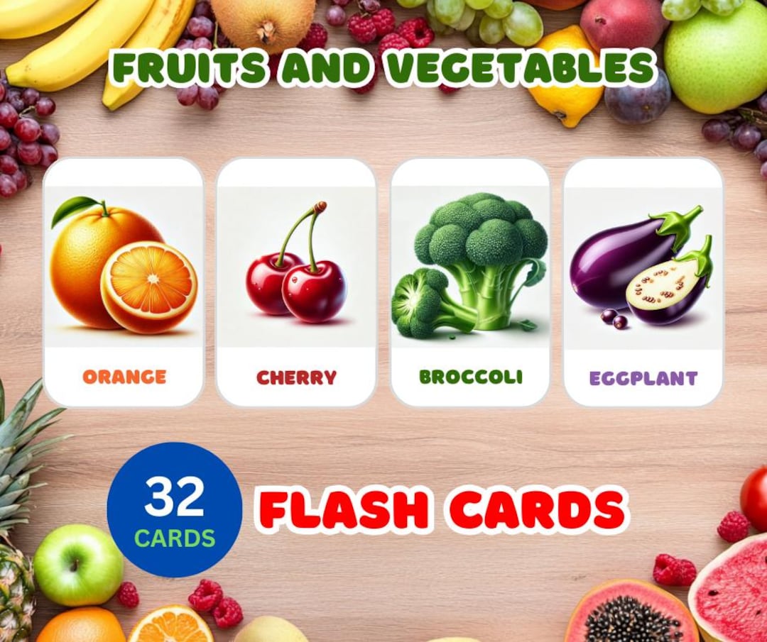 32 Fruits & Vegetables Flash Cards | Kids Learning Printable | Digital ...