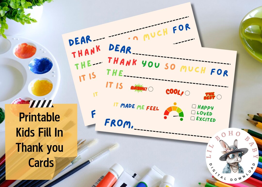 Kids Printable Fill in Thank You Note Cards 7x5" | Digital Download ...