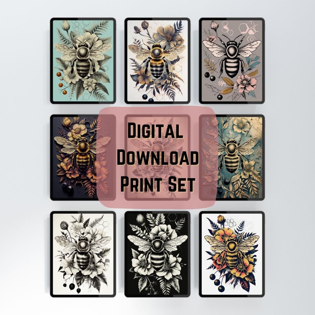 Botanical Bee Wall Art Digital Print Set| Vintage Floral Honeybee ...