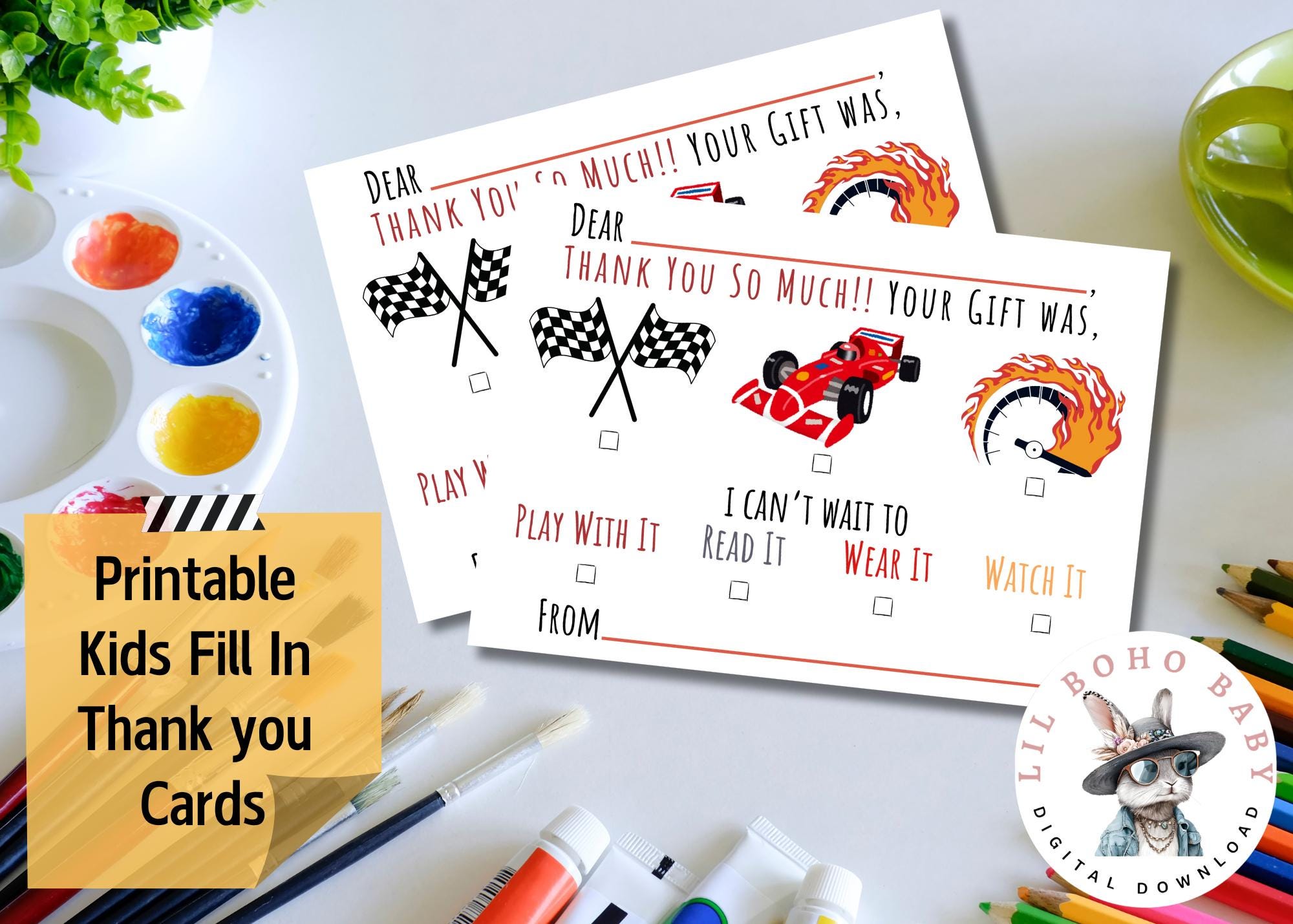 Printable Race Car Fill in Thank You Note Cards for Kids 7x5" | Digital ...