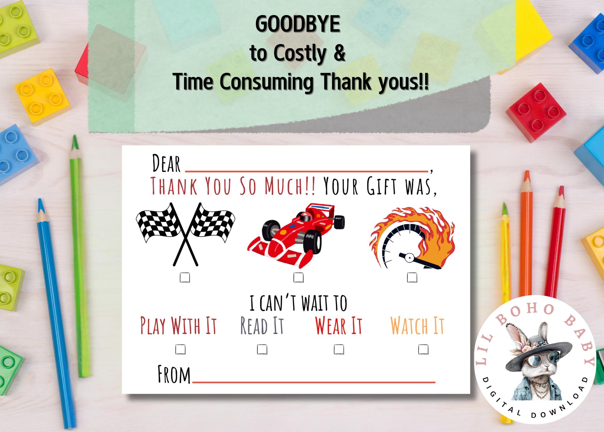 Printable Race Car Fill in Thank You Note Cards for Kids 7x5" | Digital ...