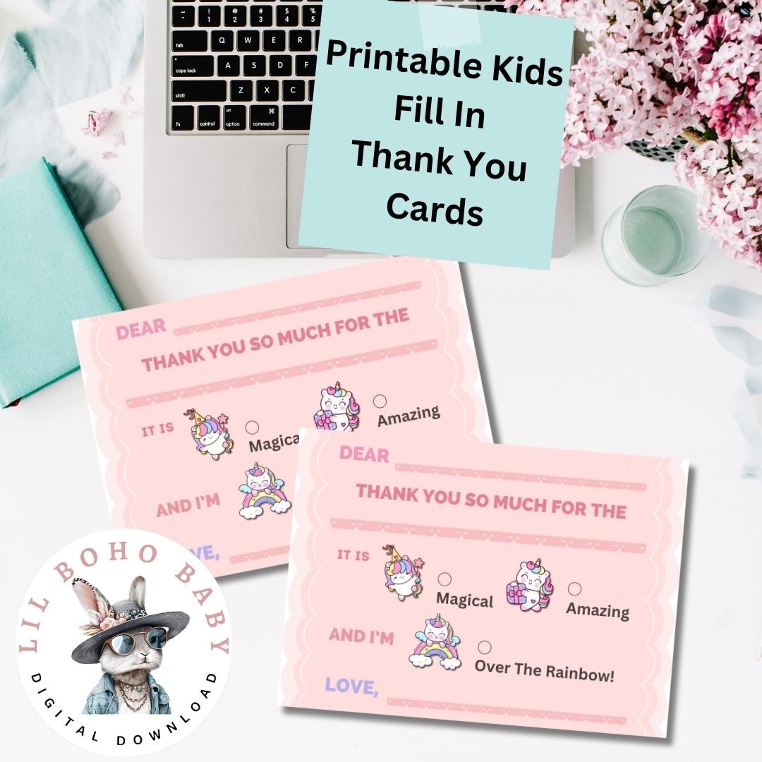 Printable Unicorn Fill in Thank You Note Cards for Kids 7x5" | Digital ...