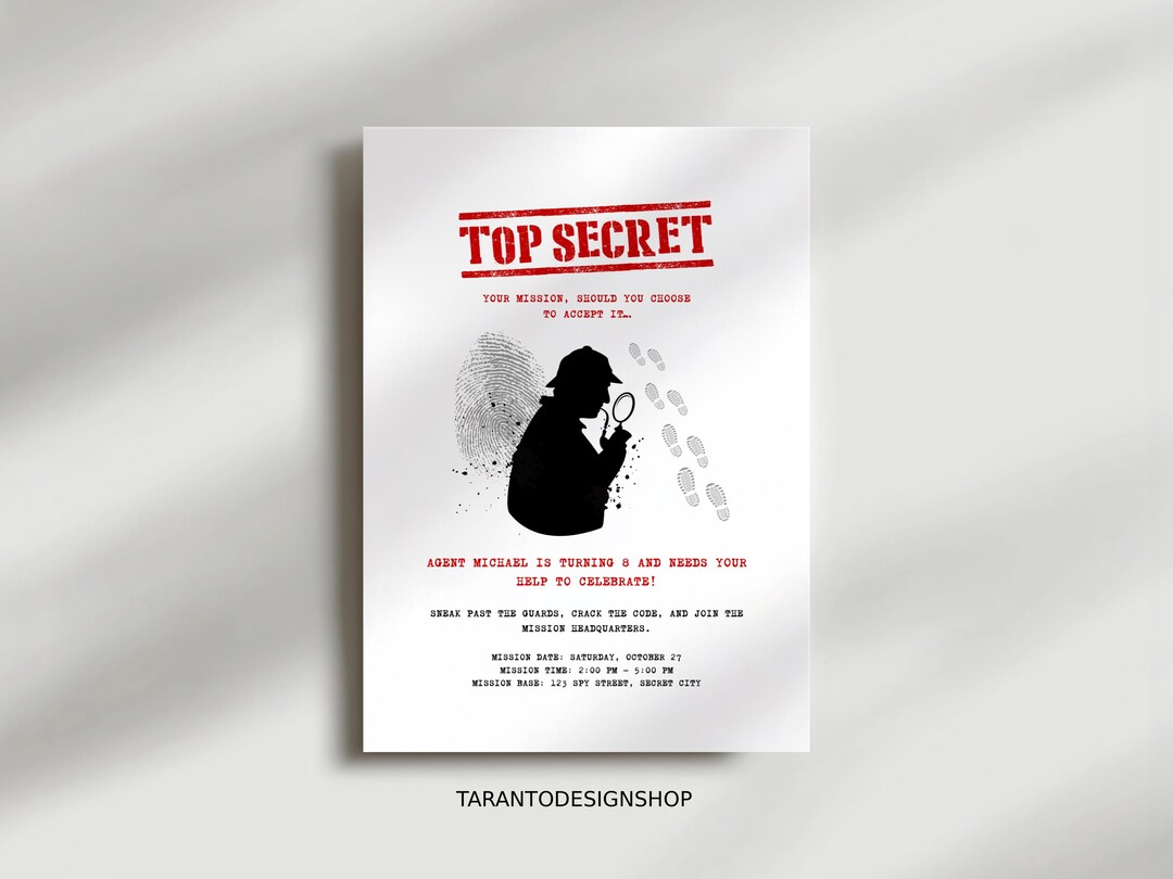 Editable Spy Birthday Party Invitation, Top Secret Secret Agent Invite ...