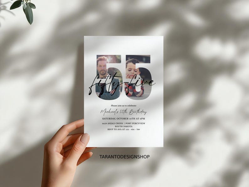 Editable Canva 55th Birthday Invitation Photo Numbers Fifty Five Party ...