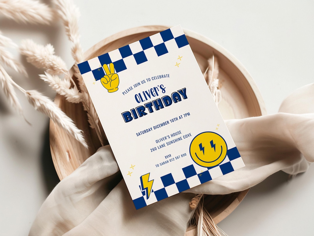 Editable Cool Kids Birthday Invitation, Retro Groovy Smiley Checker ...