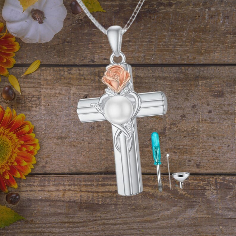 Christian Cross Urn Necklace for Ashes Sterling Silver Rose Flower ...