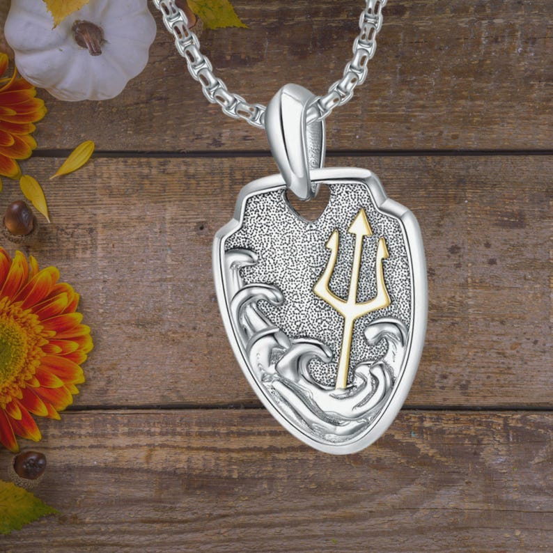 Trident Necklace Sterling Silver Poseidon Ocean Wave Necklace Greek ...