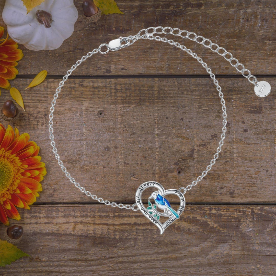 Blue Jay Bracelet for Women Cute Sterling Silver Bird Love Heart ...
