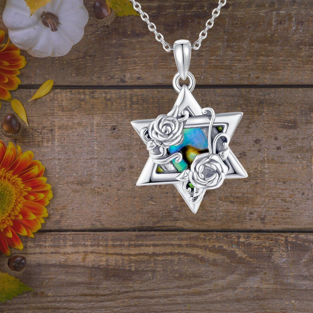 Star of David Rose Necklace 925 Sterling Silver Abalone Shell Jewish ...