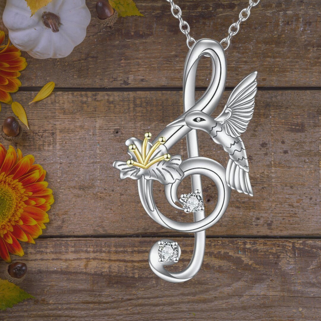 Music Note Hummingbird Flower Necklace for Women Sterling Silver Music ...
