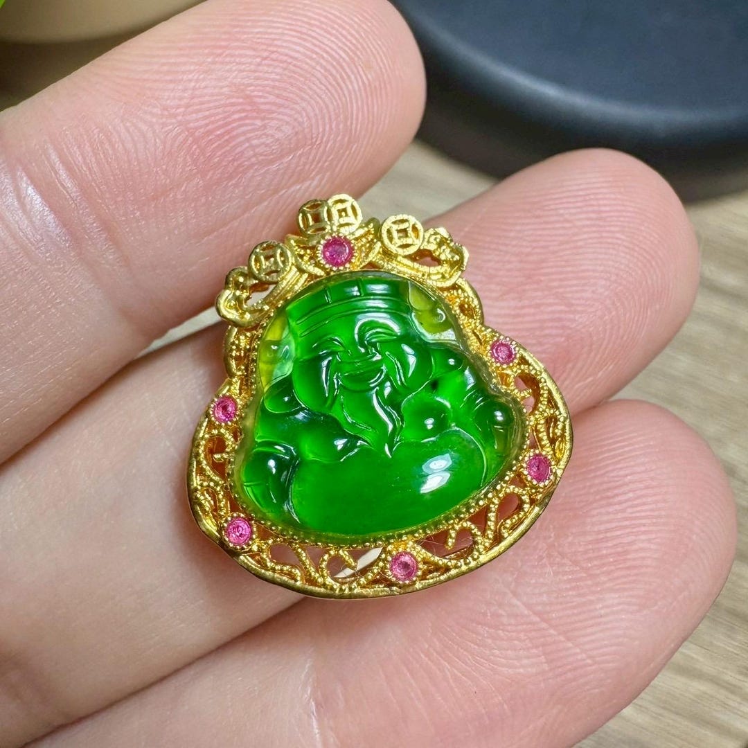 Certified Natural Green Jadeite Type A Pendant – 18K Gold Caishen ...