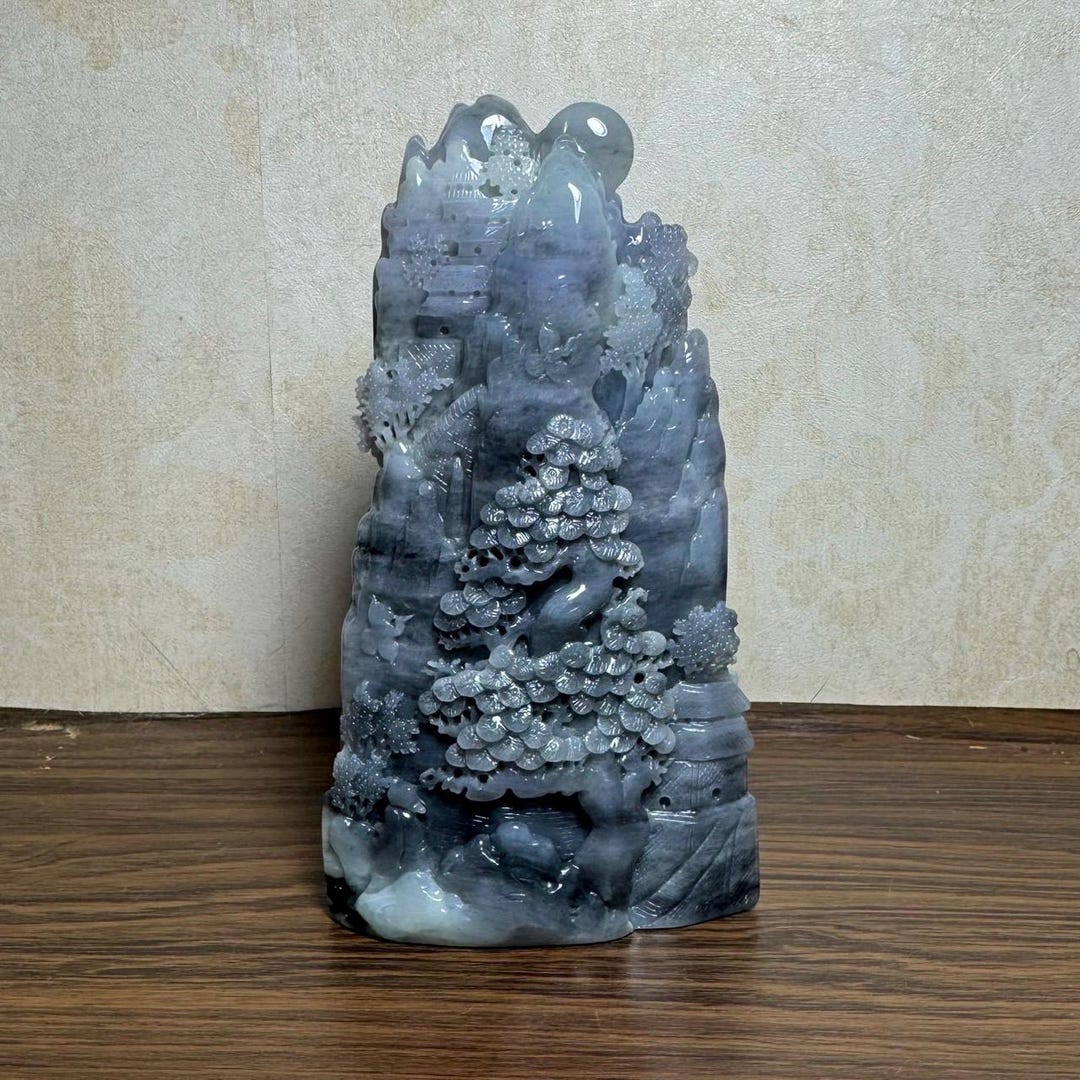 Certified Burmese Jadeite Type A, Mountain Jade Sculpture, Grayish ...