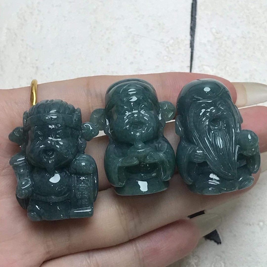 Set of 3 Certified Jade Deities - Fu Lu Shou Sculptures in Guatemalan ...