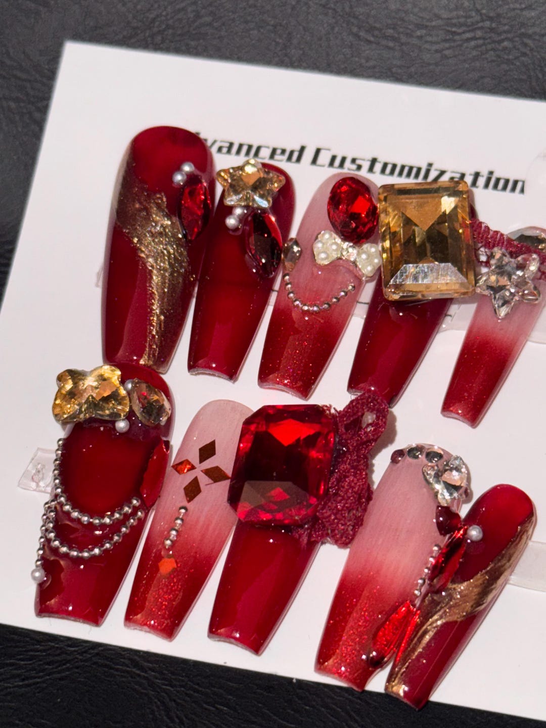 Luxury Ruby Red Press-on Nails – Glamorous Rhinestone & Pearl ...