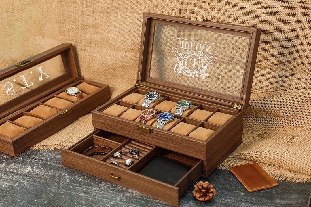 TWO Layers 12 Slot Personalized Men's Watch Box | With Drawer Watch ...