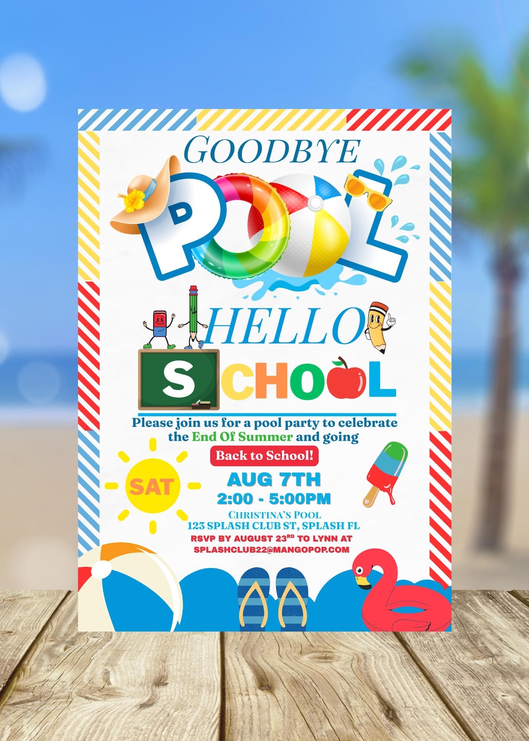 Back to School Pool Party Invitation End of Summer Goodbye Summer Hello ...