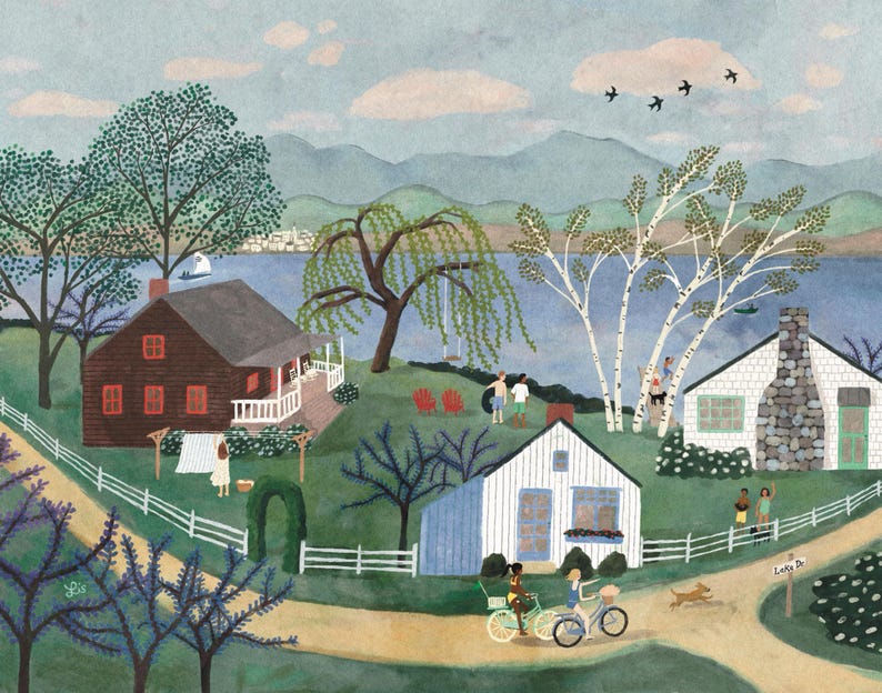 Lake Cottage Art Print | Summer Landscape Painting on Cotton Paper ...