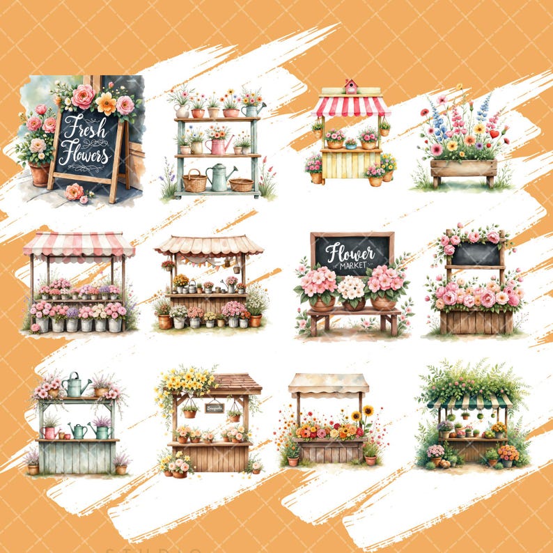 Flower Market Stand Clipart Watercolor Flower Shop Clipart, Flower ...