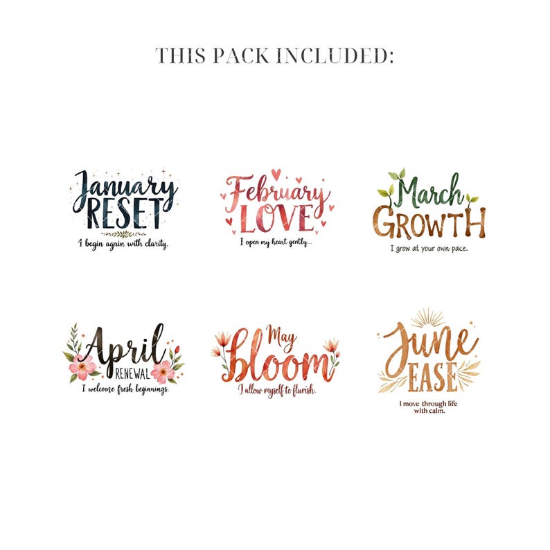 Monthly Affirmation Word Art Clipart | 12 PNG Watercolor Month Names ...