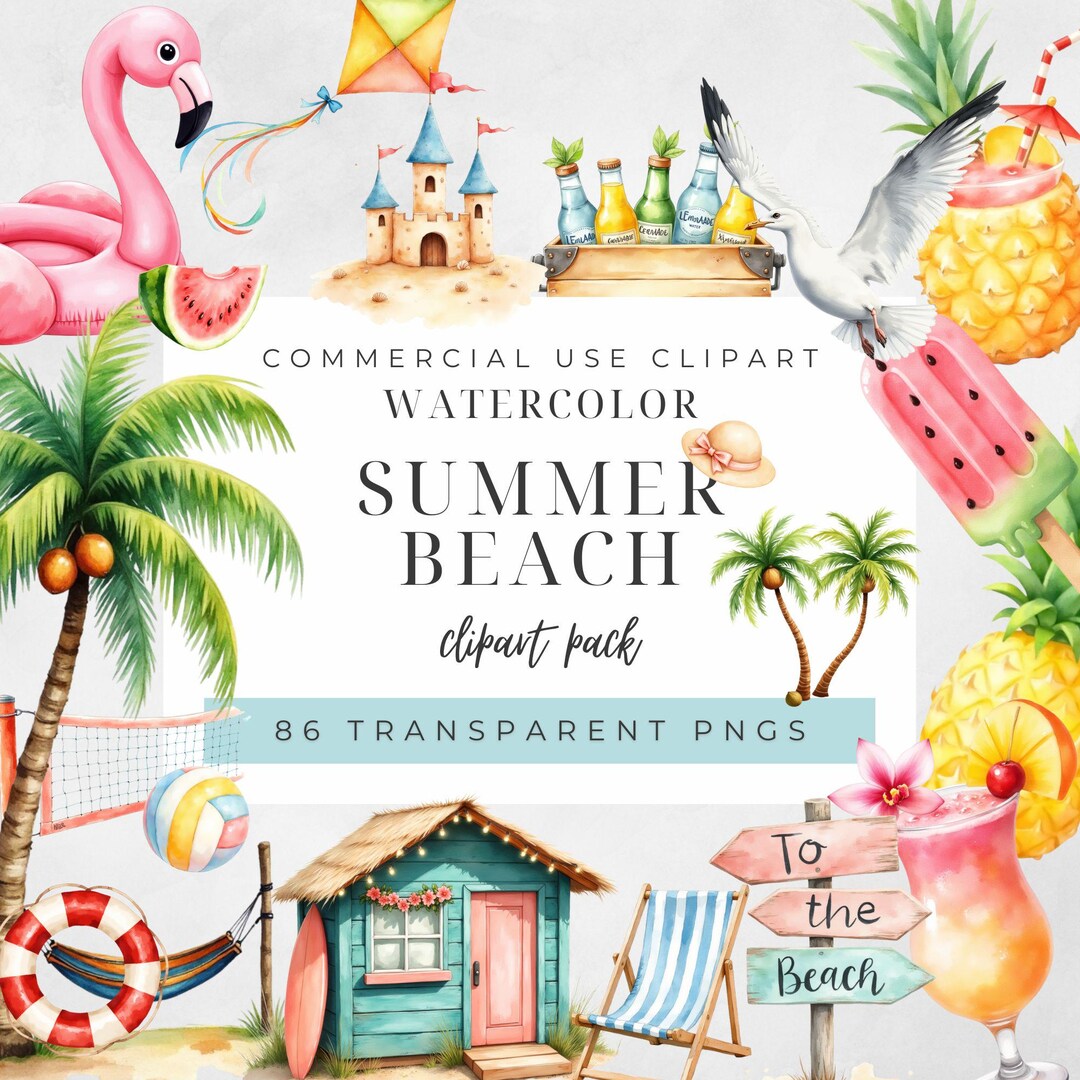 Watercolor Summer Clipart | Beach Day Clipart | Summer Vacation Clipart ...