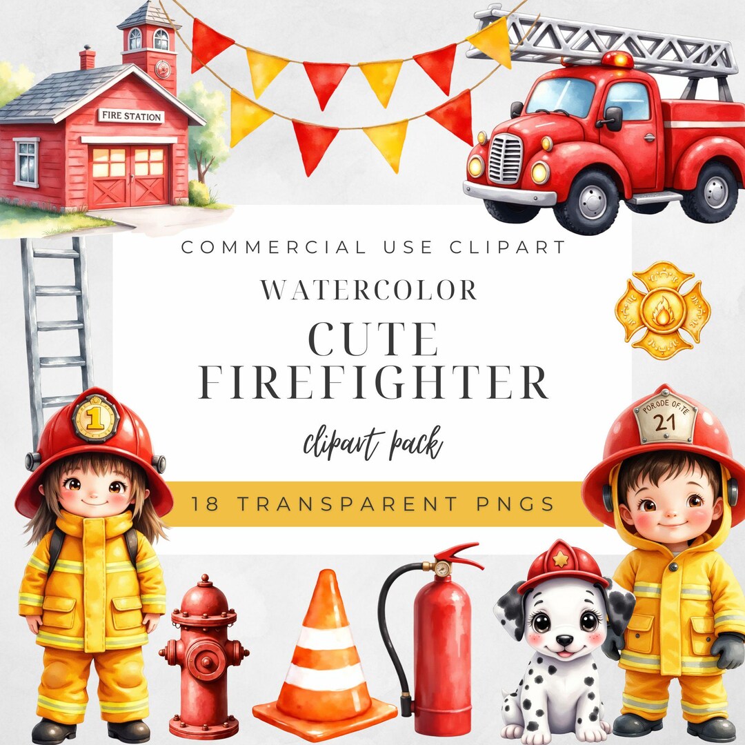 Cute Firefighter Clipart Bundle | Watercolor Fire Truck, Fireman ...