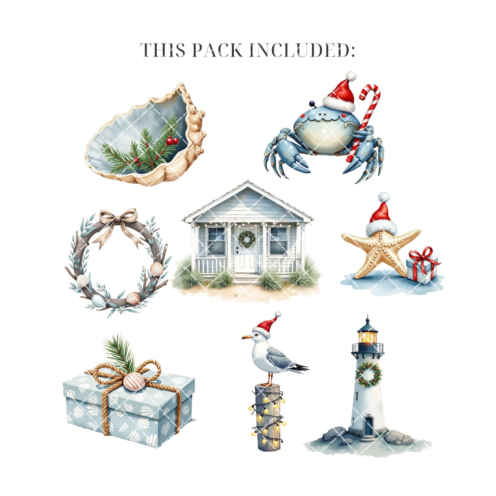 Coastal Christmas Clipart | Watercolor Beach Christmas PNG | Nautical ...