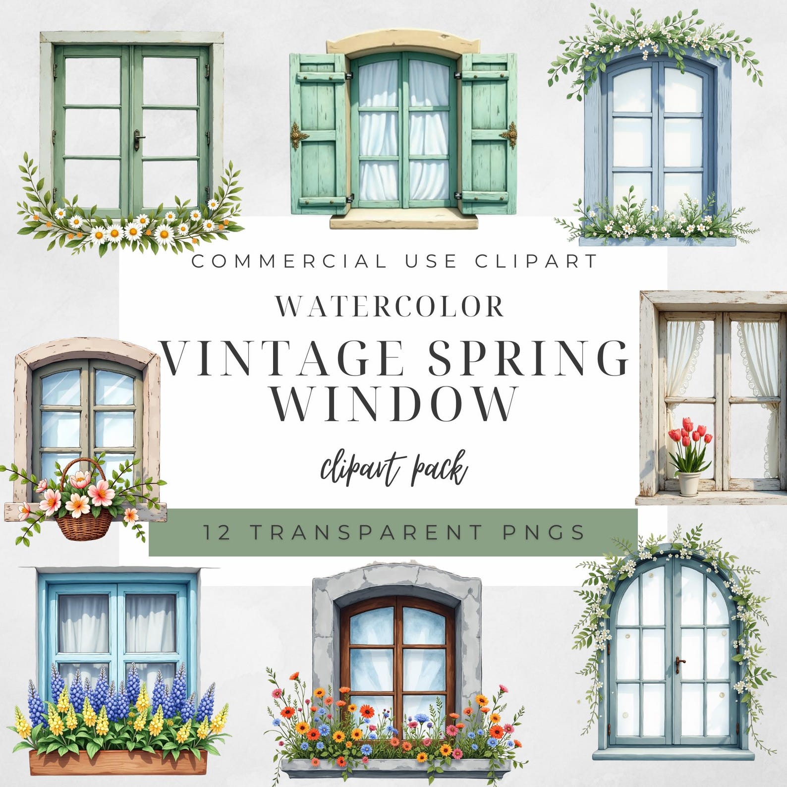 Vintage Spring Window Clipart | 12 PNG Watercolor Spring Windows With ...
