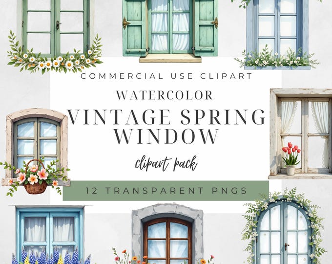 22 Window Spring View Clipart Bundle, Printable Watercolor Overlooking ...