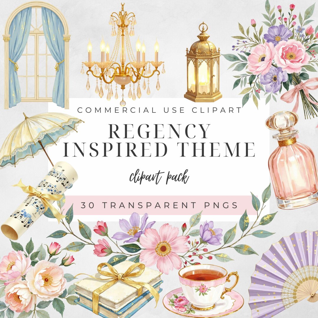 Regency Inspired Clipart Bundle | 30 PNG Vintage Watercolor Regency Era ...