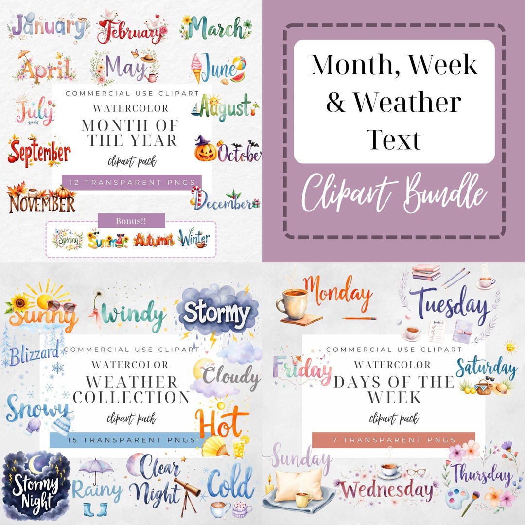 Watercolor Calendar & Weather Clipart Bundle | 39 PNG Months, Days ...