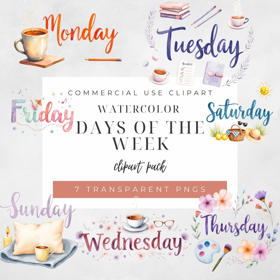 Days of the Week Watercolor Clipart | Cute Weekday Name PNG | Planner ...