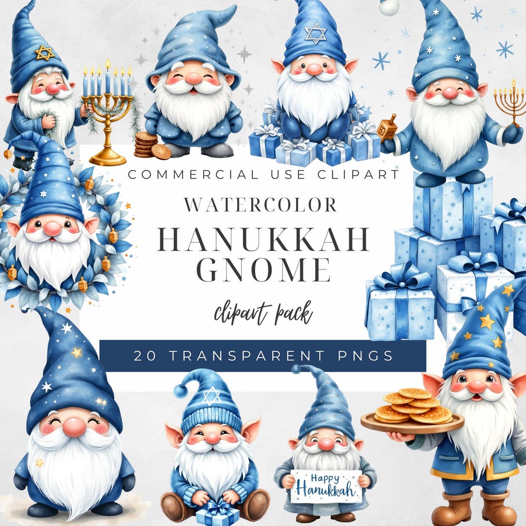 Hanukkah Gnome Watercolor Clipart | 20 PNG Festival of Lights, Menorah ...