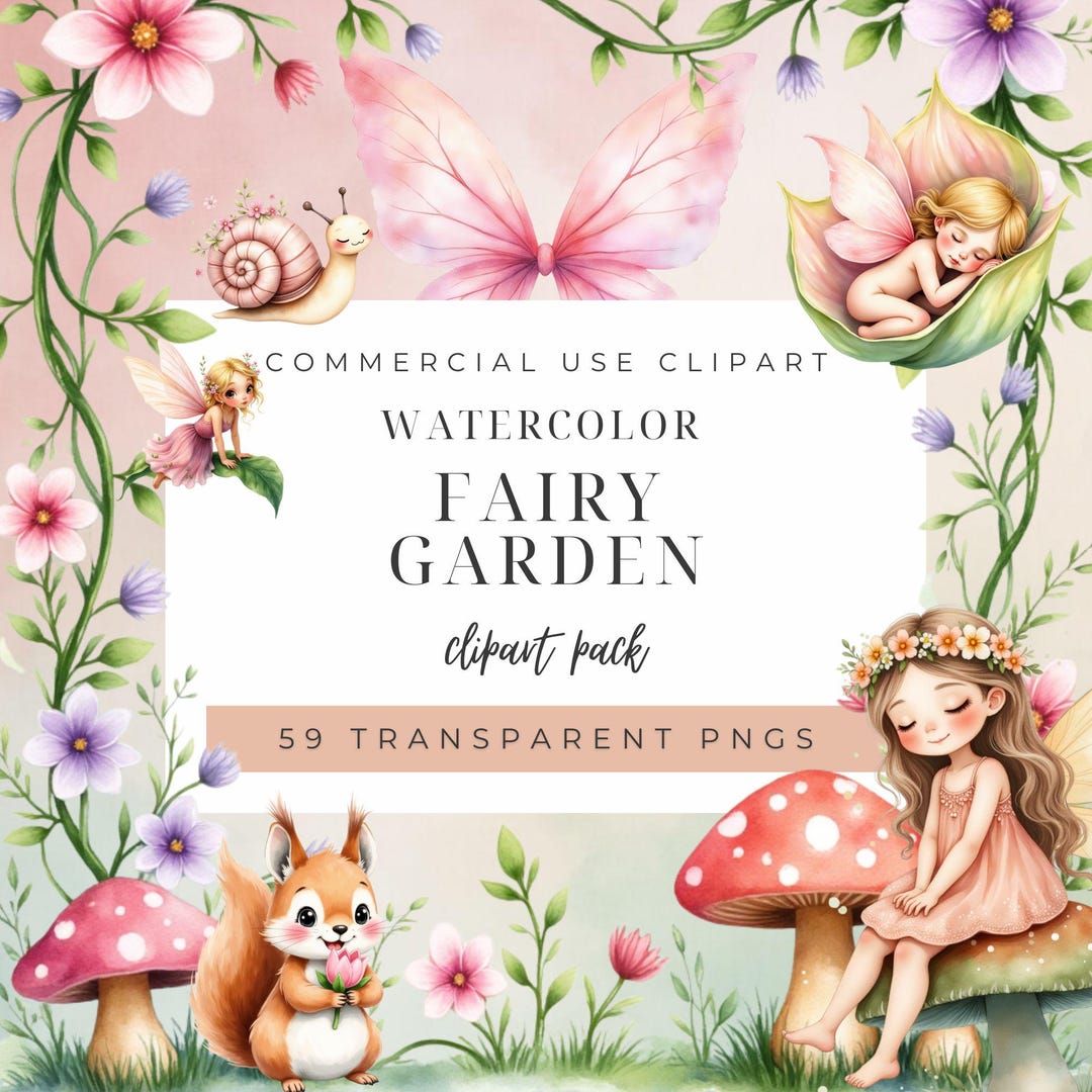 Fairy Garden Watercolor Clipart | 59 PNG Pink and Green Fairies, Fairy ...