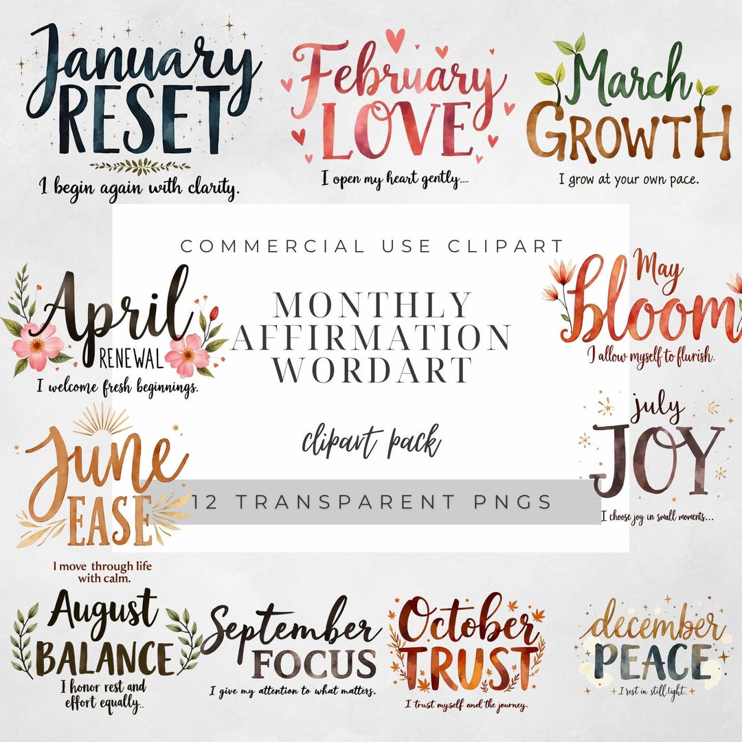 Monthly Affirmation Word Art Clipart | 12 PNG Watercolor Month Names ...