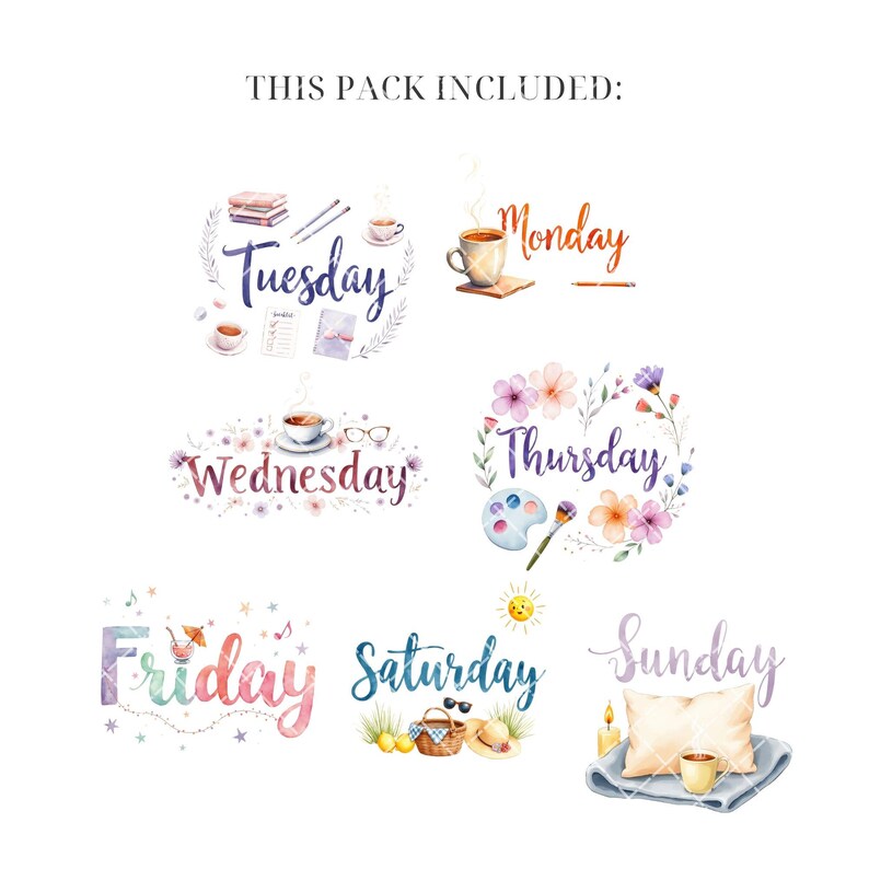 Days of the Week Watercolor Clipart | Cute Weekday Name PNG | Planner ...