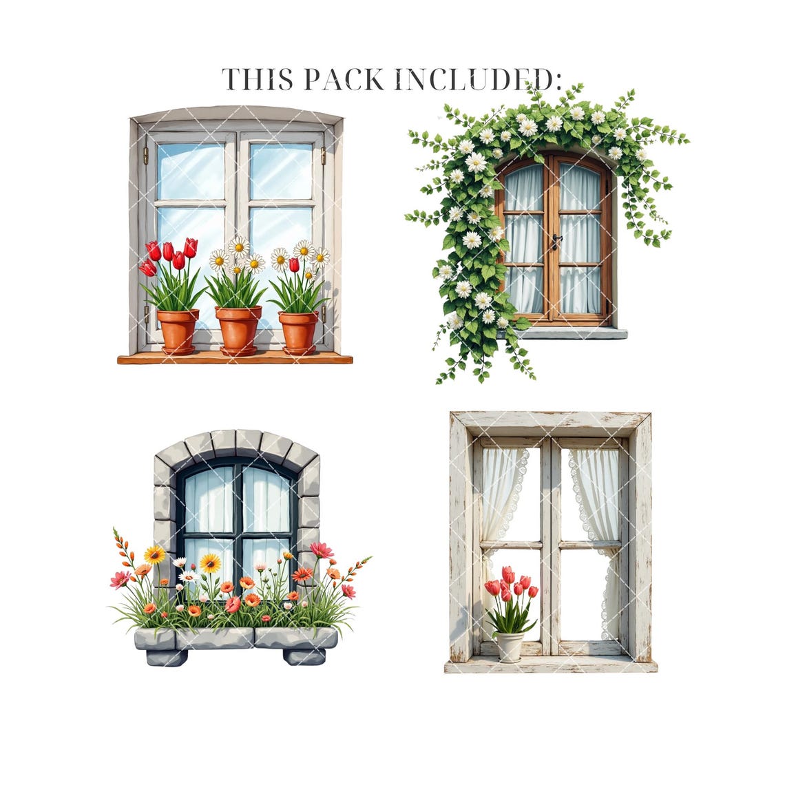 Vintage Spring Window Clipart | 12 PNG Watercolor Spring Windows With ...