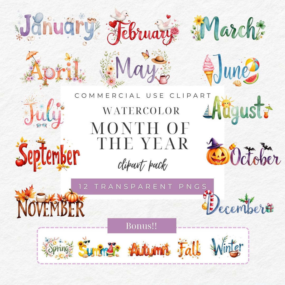 Months of the Year Watercolor Clipart | Cute Month Names PNG | Calendar ...