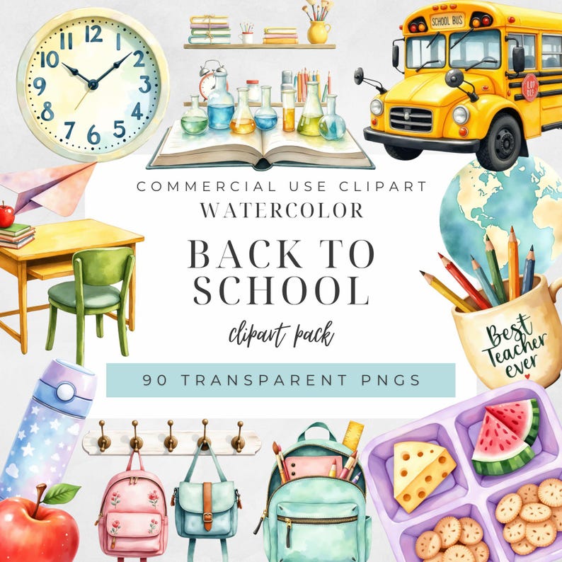 School PNG Back to School Printable School Supplies Clipart Watercolor ...