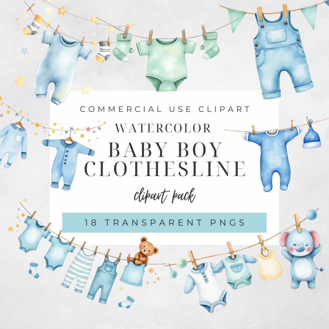 Watercolor Baby Boy Clothesline Clipart | 18 PNG Boho Baby Shower ...