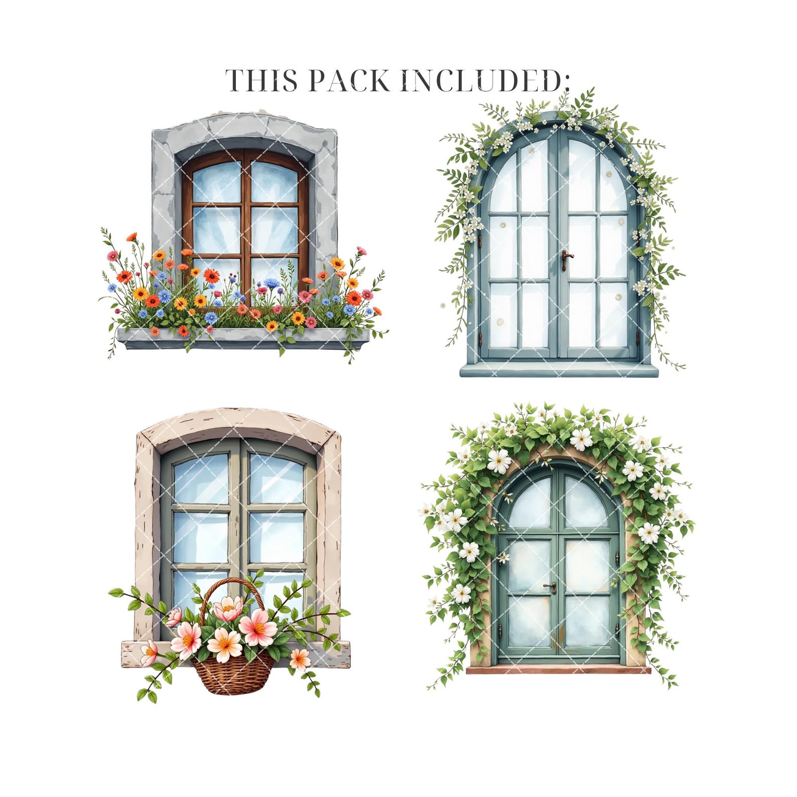 Vintage Spring Window Clipart | 12 PNG Watercolor Spring Windows With ...