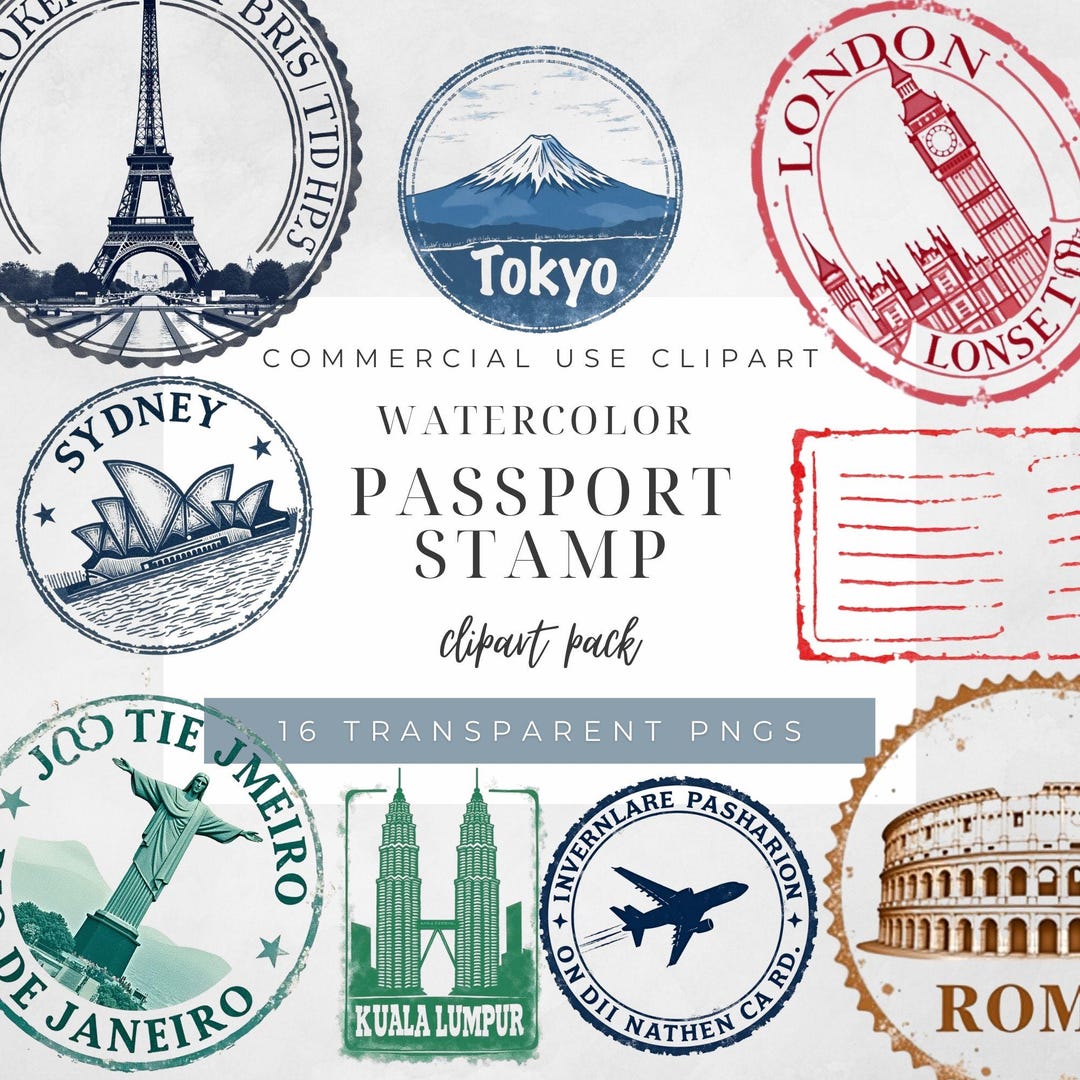 Passport Stamp Clipart | 16 PNG Travel Visa Stamps | Vacation Stickers ...
