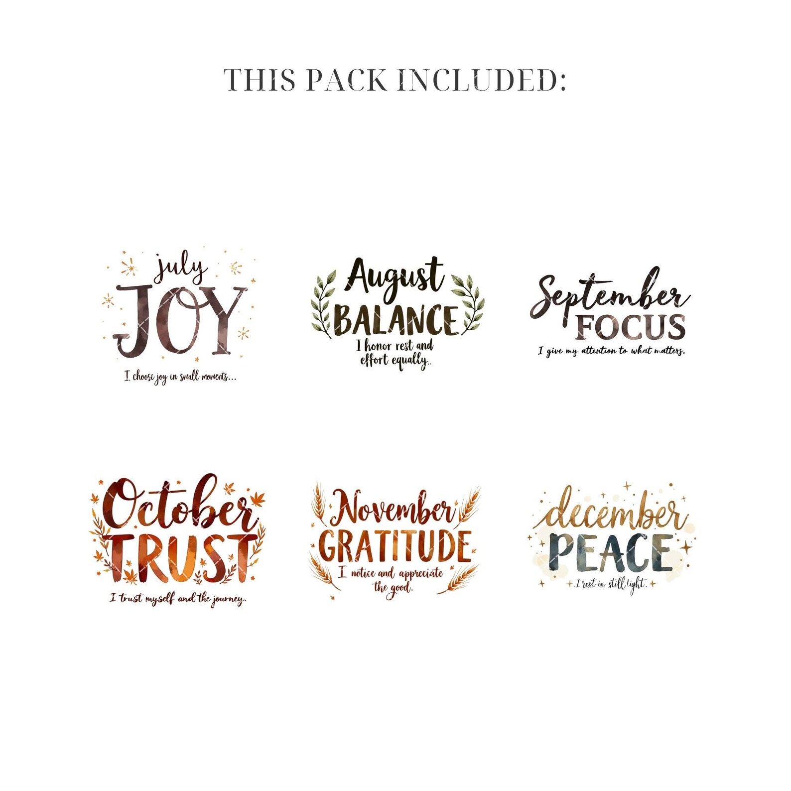 Monthly Affirmation Word Art Clipart | 12 PNG Watercolor Month Names ...