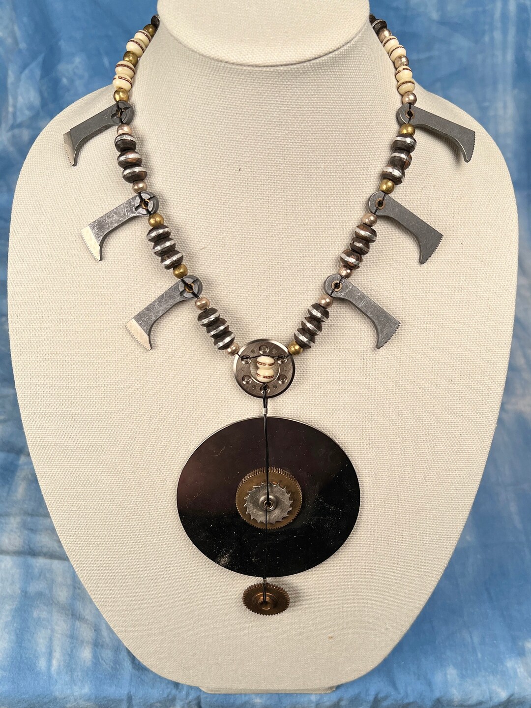 Steampunk/cyberpunk Necklace Disc Drive, Gears, Ebony Wood Inlay Mala ...
