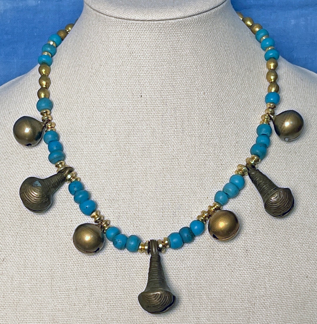 Shaman Bell Necklace Blue Trade Glass, African Lost Wax Bronze Bells ...