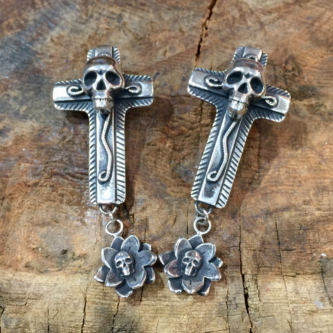 E254 Sterling Silver Skulls Chimayo Cross and Flower Skull - Etsy