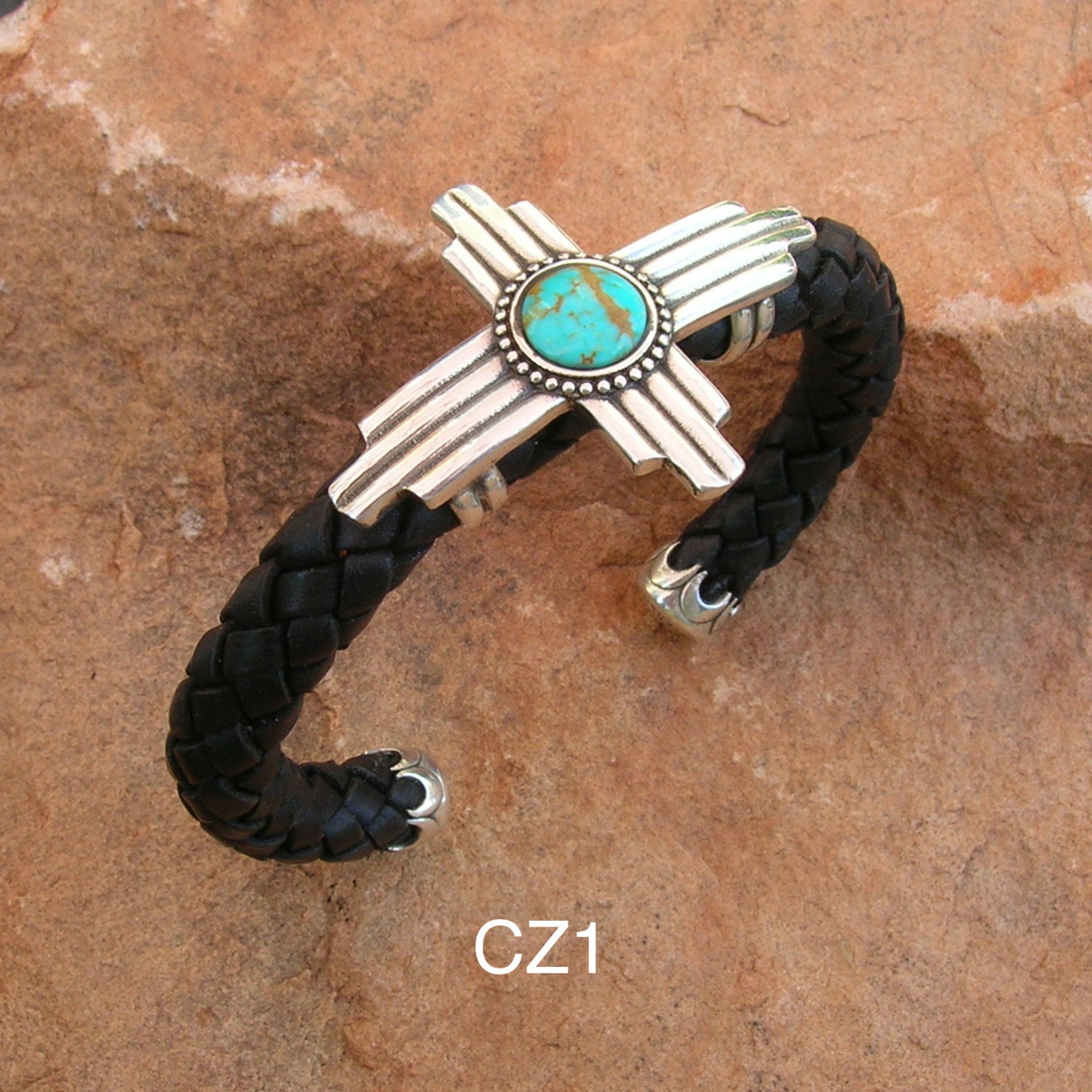 CZ1 Sterling Silver Zia Symbol With Turquoise Braided Leather Silver ...